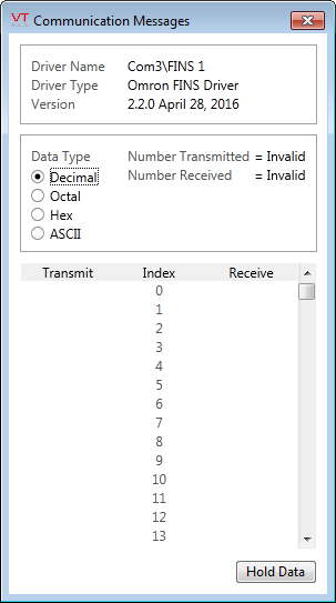 Omron FINS Driver Communication Messages Dialog